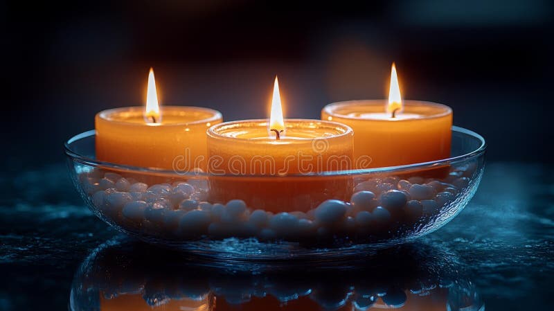 Tranquil Candlelight Reflection in Glass Bowl - Generative Ai Stock ...