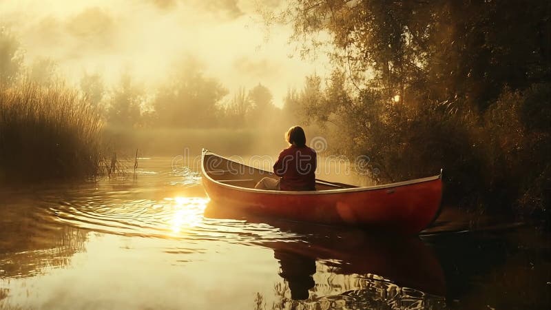 Tranquil Canoe Ride at Sunrise on Misty River with Golden Light Stock ...
