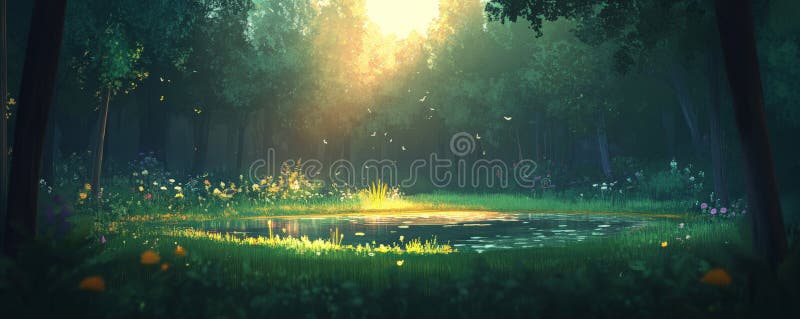 A Tranquil Cartoon Backdrop of a Forest Clearing with a Small Pond ...