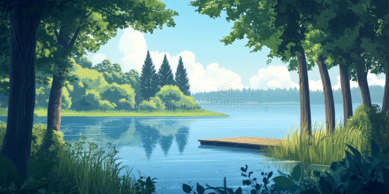 A Tranquil Cartoon Backdrop of a Lakeside with Tall Trees Lining the ...