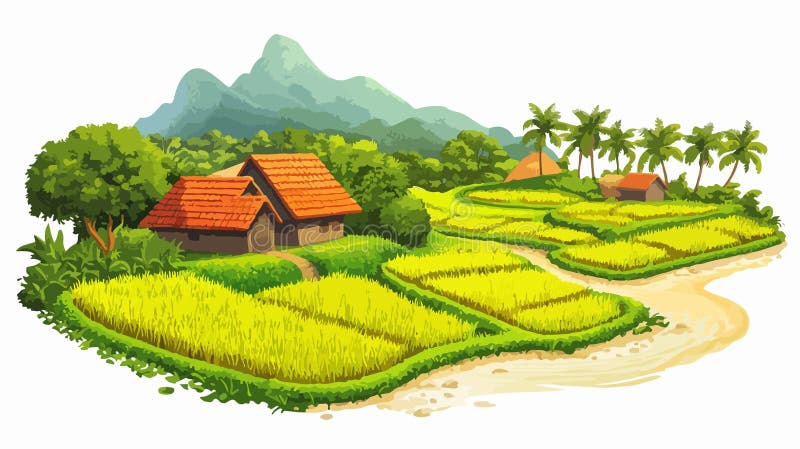 Tranquil Cartoon Rice Field Landscape with Farming Scene Stock Vector ...