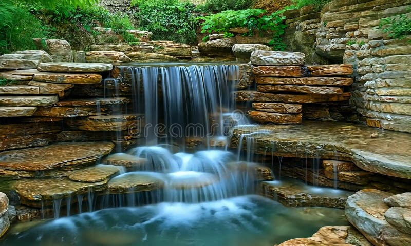 Tranquil Cascading Waterfall Feature in a Stone Garden Stock Footage ...