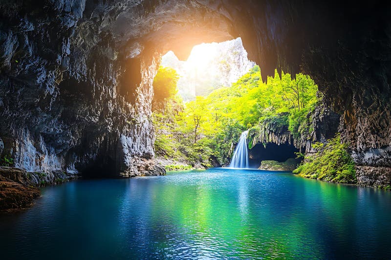 Tranquil Cave Pool with Waterfall, Lush Greenery, Sunlight Streaks ...