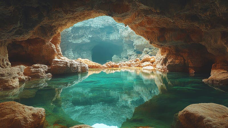 A Tranquil Cave with a Serene Pool Reflecting the Stunning Rock ...