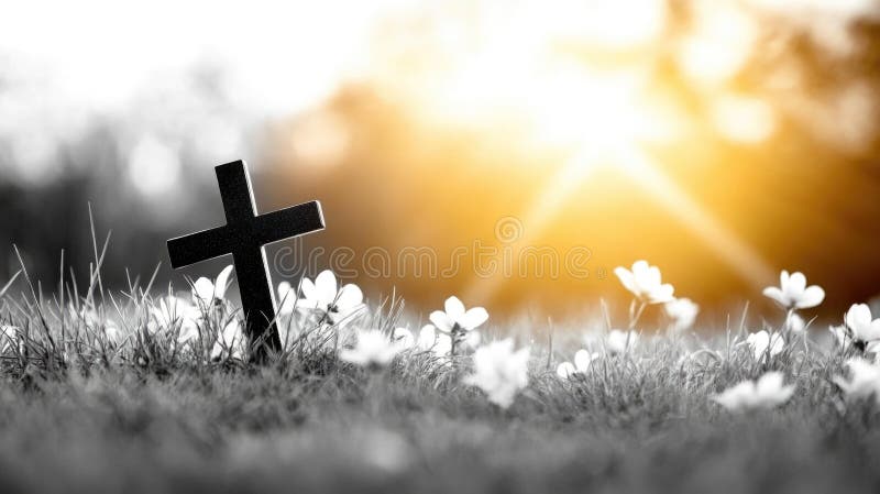Tranquil Cemetery Scene at Sunrise with Cross and Wildflowers Stock ...