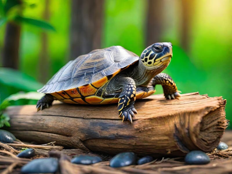 Tranquil Charm: Small Turtle Resting on Log. Stock Illustration ...