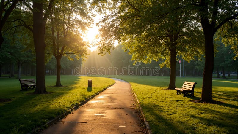 Tranquil City Park at Dawn with Benches Trees Winding Path Soft Golden ...