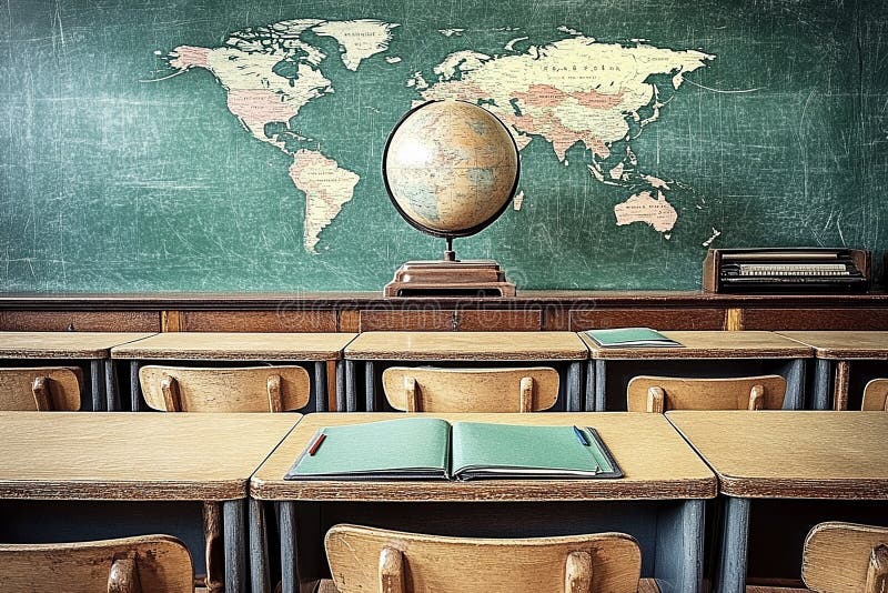 A Tranquil Classroom Desk with A_glowing_world_map Stock Illustration - Illustration of ...