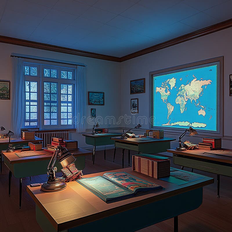A Tranquil Classroom Desk with A_glowing_world_map Stock Illustration ...