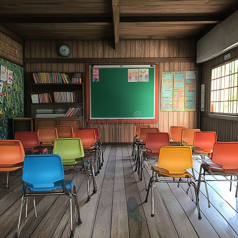 A Tranquil Classroom Scene with a Glowing Chalkboard Stock Illustration ...