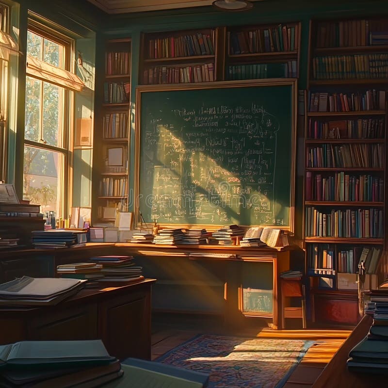 A Tranquil Classroom Scene with a Glowing Chalkboard Stock Illustration ...
