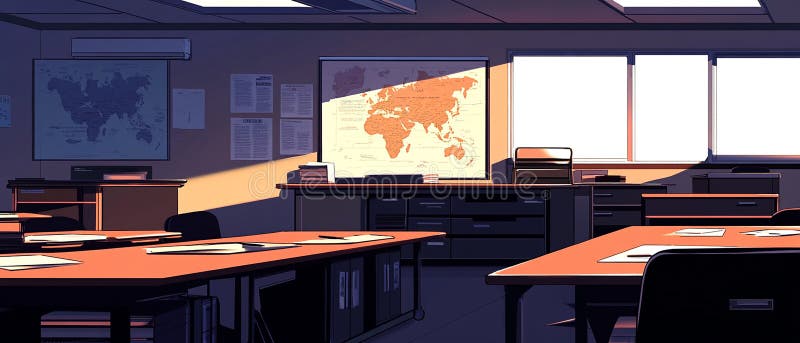 A Tranquil Classroom Scene with Glowing Maps and Books Stock ...