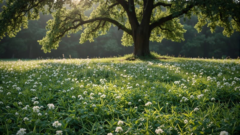 Tranquil Clover Patch Under Oak Tree with Dappled Sunlight Stock ...