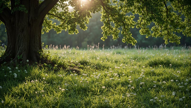 Tranquil Clover Patch Under Oak Tree with Dappled Sunlight Stock ...