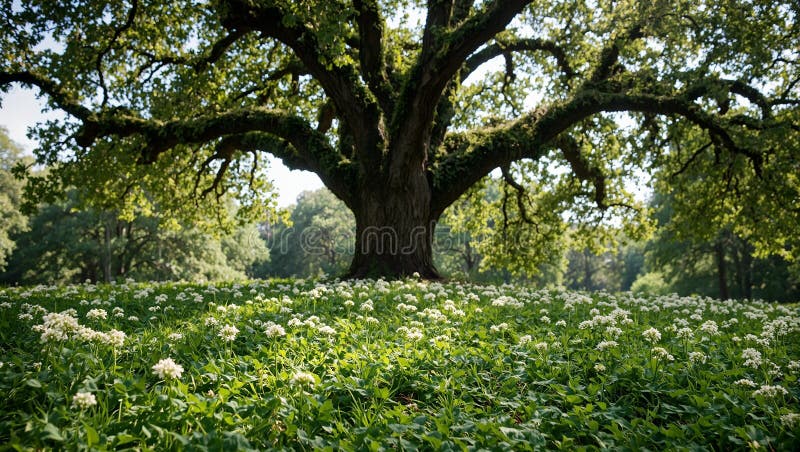 Tranquil Clover Patch Under Oak Tree with Dappled Sunlight Stock ...