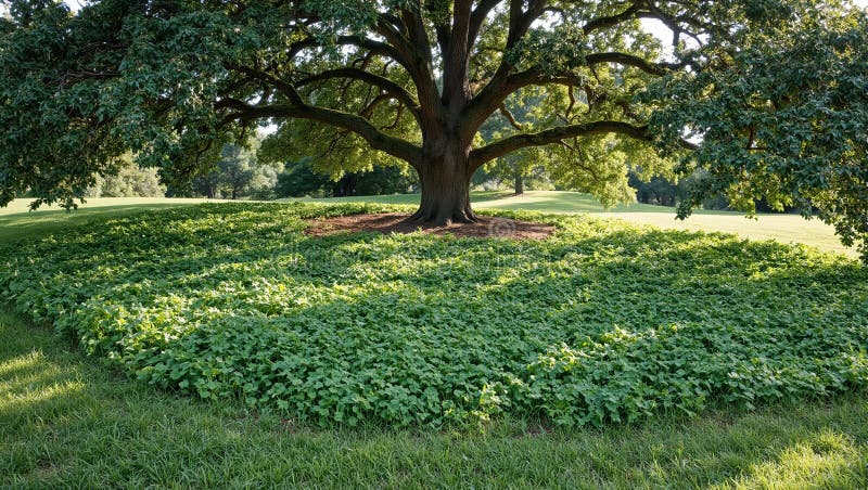 Tranquil Clover Patch Under Oak Tree with Dappled Sunlight Stock ...