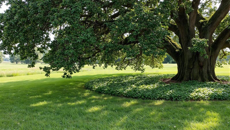 Tranquil Clover Patch Under Oak Tree with Dappled Sunlight Stock ...