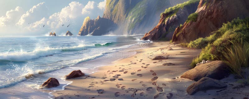 A Tranquil Coastal Path Background with Rugged Cliffs, Gentle Waves ...