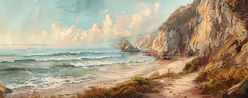 A Tranquil Coastal Path Background with Rugged Cliffs, Gentle Waves ...