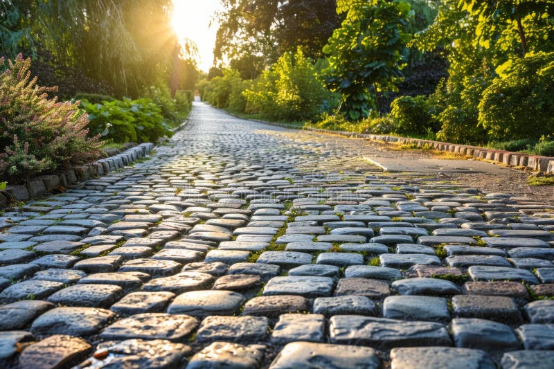 Sunlit Cobblestone Path in Lush Park, Serenity Concept Stock ...