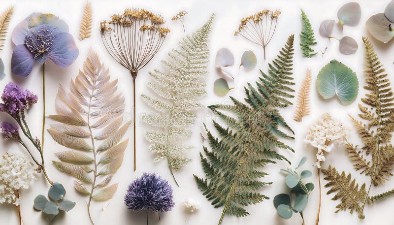 A Tranquil Collage of Dried Ferns, Lavender, and Pale Hydrangea Petals ...