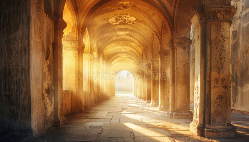 A Sunlit Corridor with Stone Arches and Warm Light at Dawn in a ...