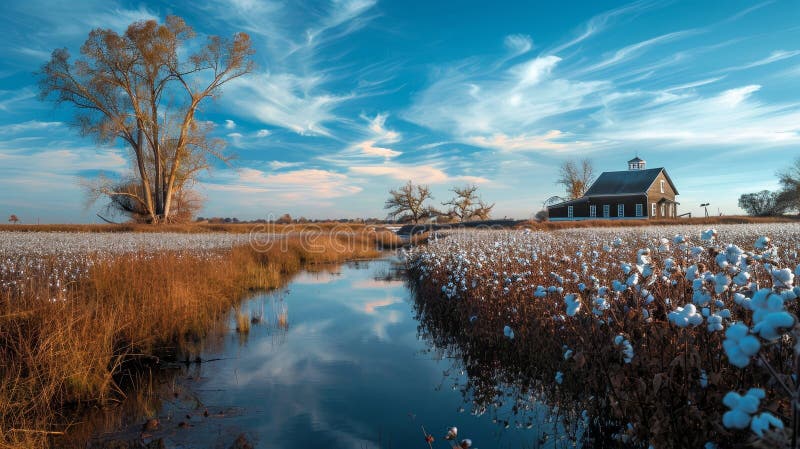 Tranquil Countryside with Cotton Fields, Unique House by Stream ...