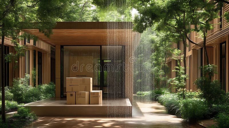 Tranquil Courtyard with Boxes Under Rain Stock Illustration ...