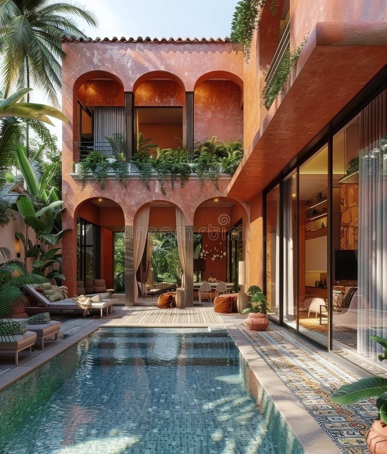 Tranquil Courtyard Pool with Lush Greenery and Red Brick Walls Stock ...