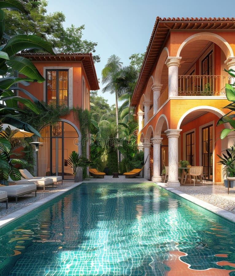 Tranquil Courtyard Pool with Lush Greenery and Red Brick Walls Stock ...