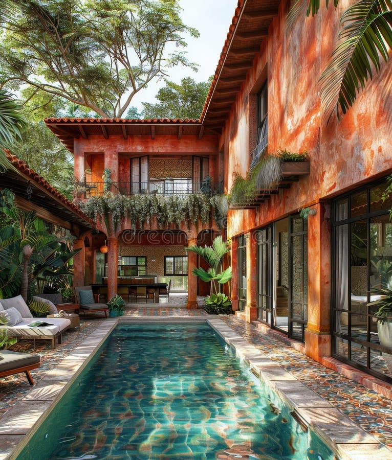 Tranquil Courtyard Pool with Lush Greenery and Red Brick Walls Stock ...