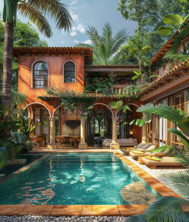 Tranquil Courtyard Pool with Lush Greenery and Red Brick Walls Stock ...