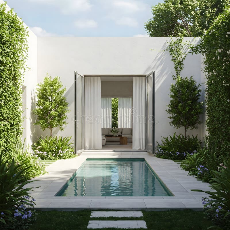 Tranquil Courtyard with a Rectangular Pool, Surrounded by Lush Greenery ...