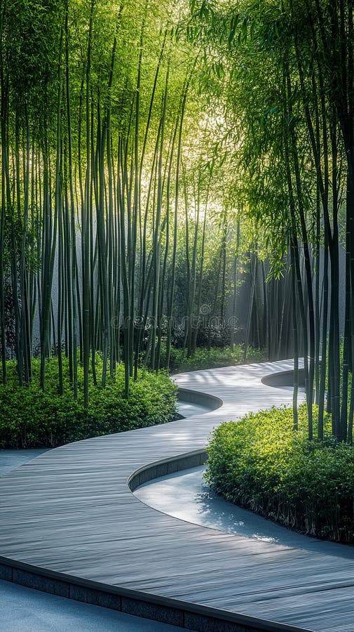 A Tranquil, Curved Wooden Path Meandering through a Serene Bamboo ...