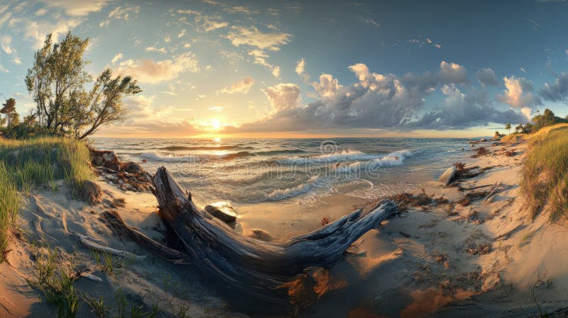 Tranquil Dawn Beach View Featuring Driftwood and Coastal Plants. Stock ...