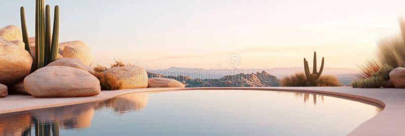 Infinity Pool Overlooking Desert Landscape at Sunset with Cacti Stock ...
