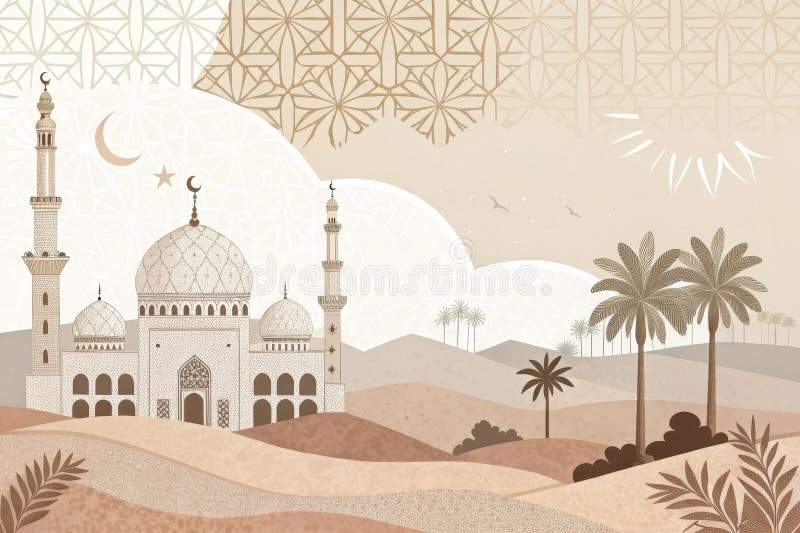 Tranquil Desert Mosque with Geometric Patterns and Palms Stock Photo ...
