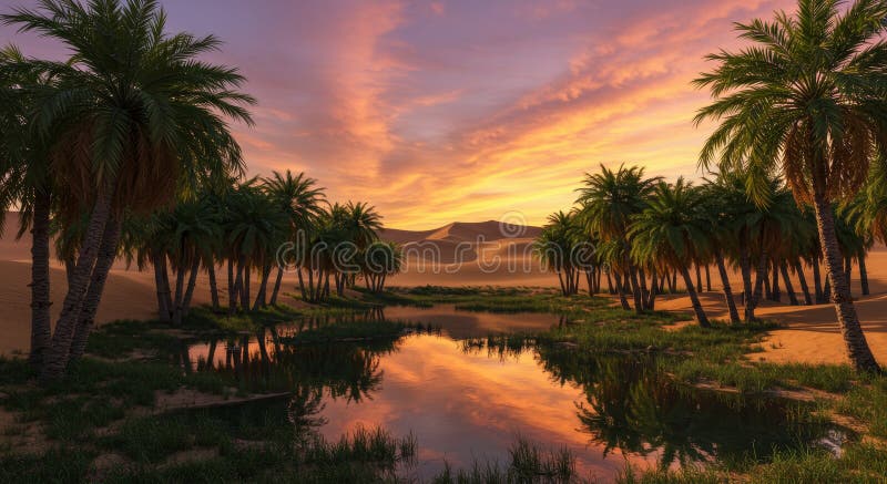 Tranquil Desert Oasis Sunset Reflection Serene Desert Landscape Palm ...