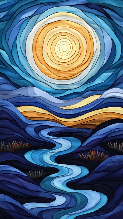 A Tranquil Desert Panorama Featuring a Huge Sun Setting Over Wavy Sand ...