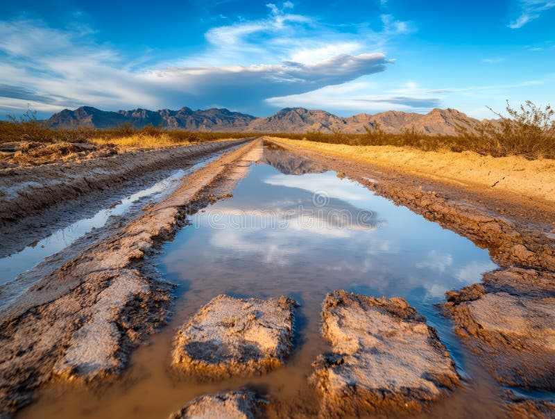 Tranquil Desert Road with Reflection in Puddle Under Blue Sky and ...