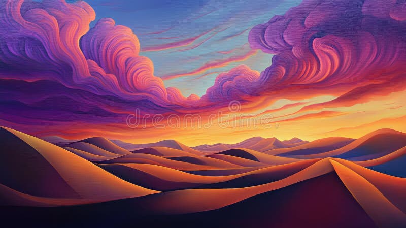 A Tranquil Desert Scene with Rippling Sand Dunes and a Dramatic Sunset ...