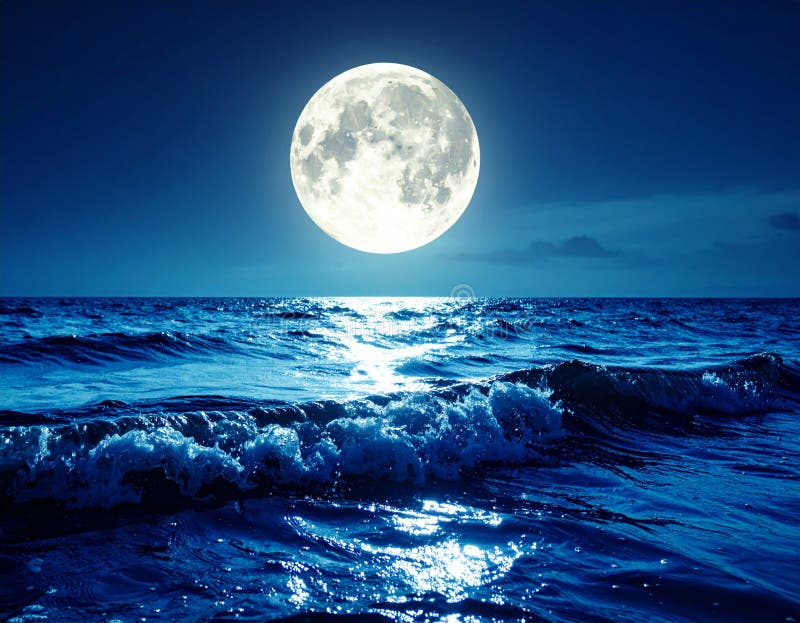 A Calm, Surreal Moonlit Ocean with Gentle Waves and a Full Moon Casting ...