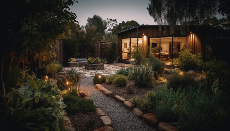 Tranquil Dusk Scene with Illuminated Modern Home and Natural Beauty ...