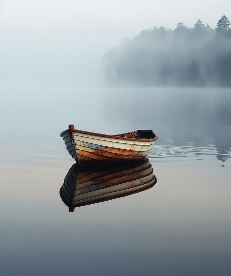 A Tranquil Early Morning Boat Ride on a Serene Lake Stock Illustration ...