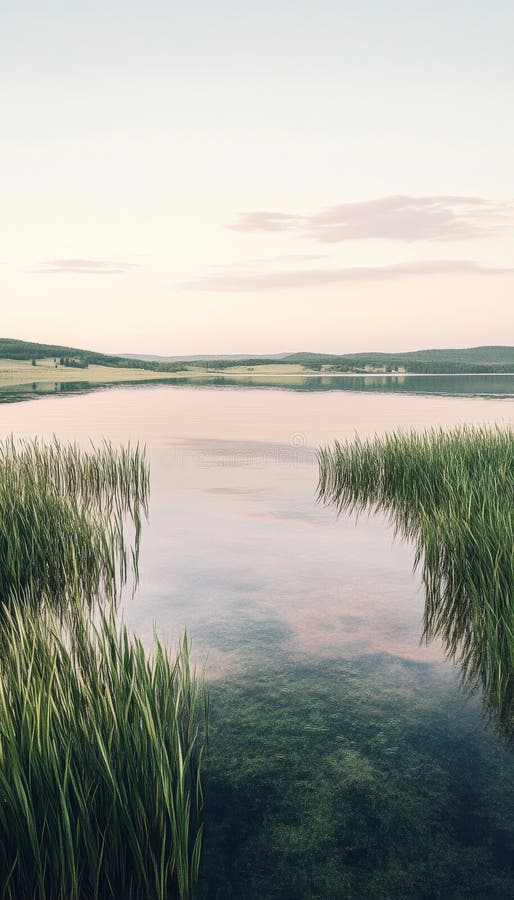 A Tranquil Early Spring Landscape Featuring a Clear Lake and Lush Green ...