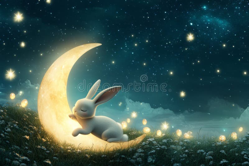 A Tranquil Easter Bunny Resting on a Crescent Moon, Watching As Glowing ...