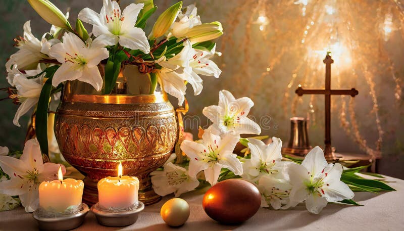 A Tranquil Easter Setting Adorned with Soft Candlelight, Flowers and a ...