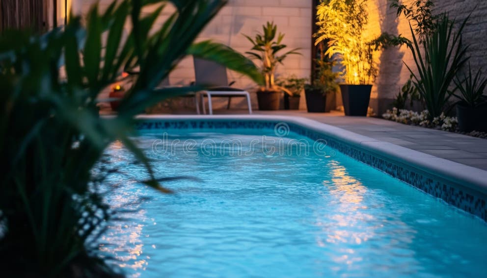 Tranquil Evening Backyard Pool Surrounded by Lush Greenery Stock Image ...