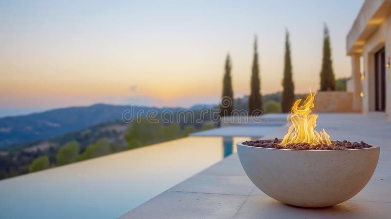 Tranquil Evening with Fire Bowl by Infinity Pool Overlooking Mountain ...