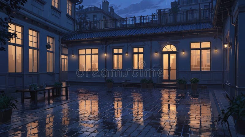 Serene Evening Courtyard Reflection Stock Illustration - Illustration ...
